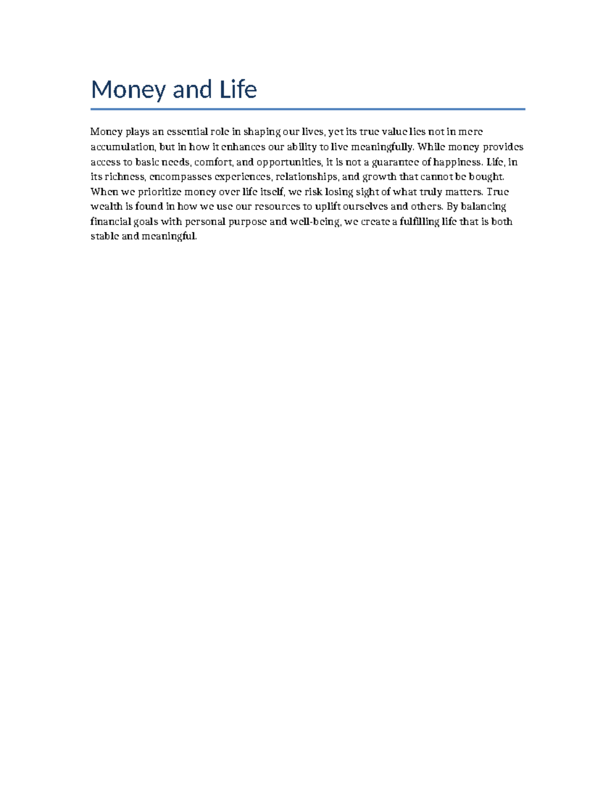 Money and Life: Balancing Wealth with Meaningful Living - Studocu