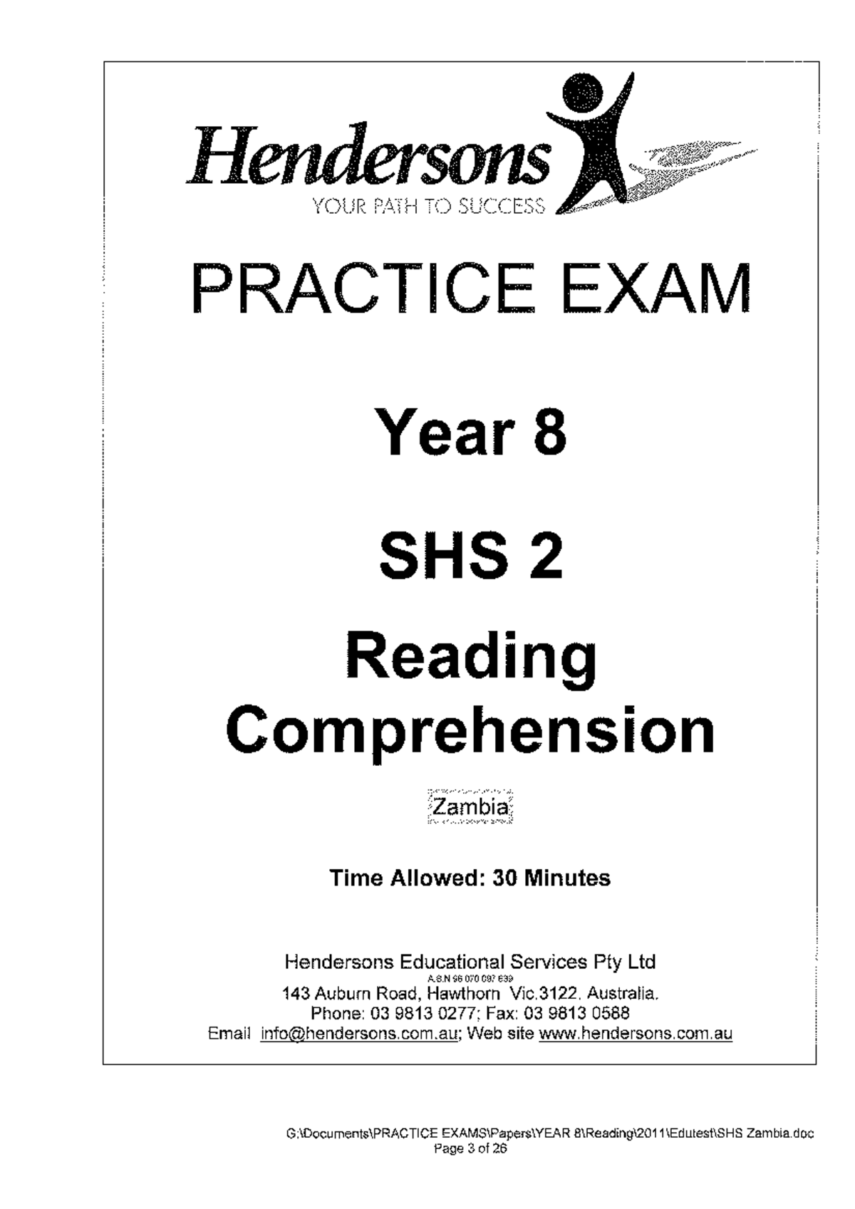 Hendersons Year 8 SHS 2 Reading Comprehension Practice Exam - Studocu