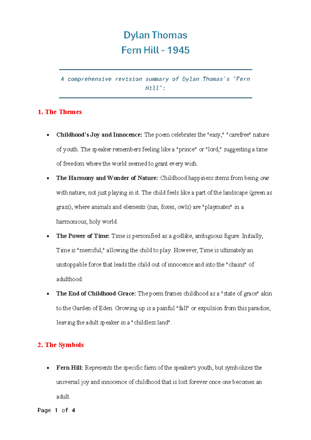 6. Comprehensive Revision Summary of Dylan Thomas' "Fern Hill" - Studocu