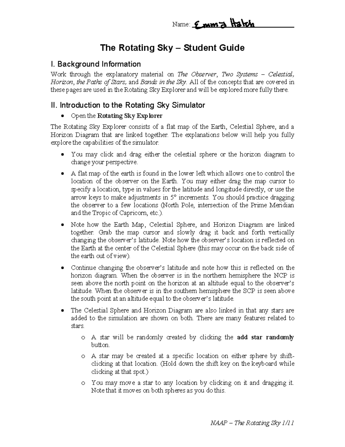 Naap rotating sky simulator student guide and exploration notes - Studocu