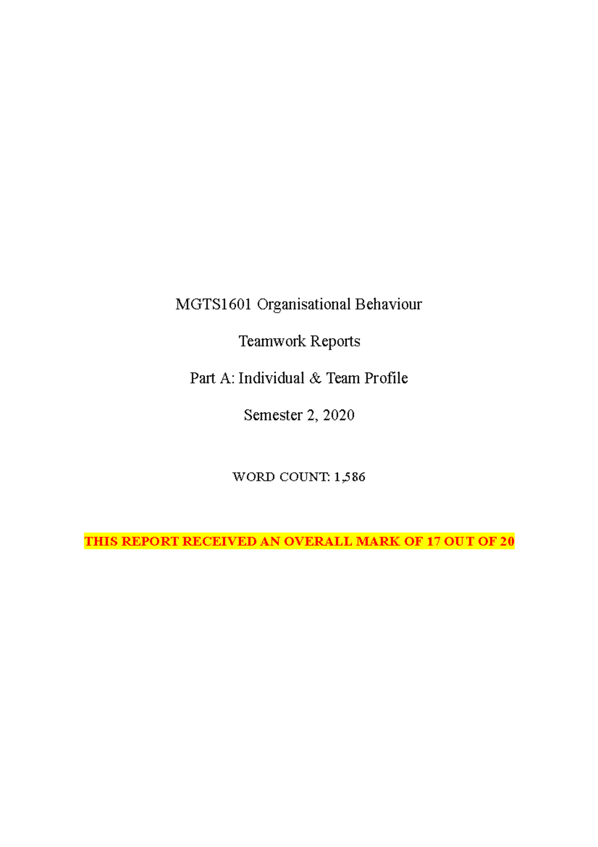 MGTS1601 Final Exam Individual & Team Profile Analysis Report - Studocu