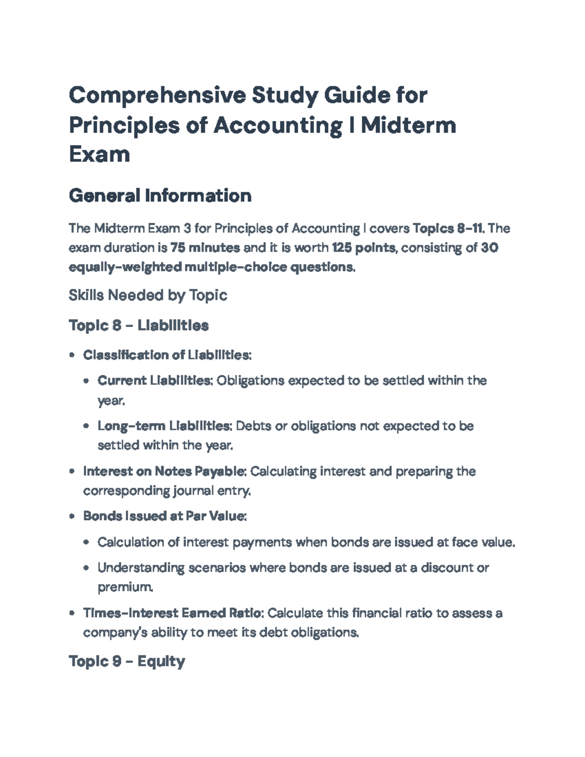 Principles of Accounting I Midterm Exam Study Guide: Topics 8-11 ...