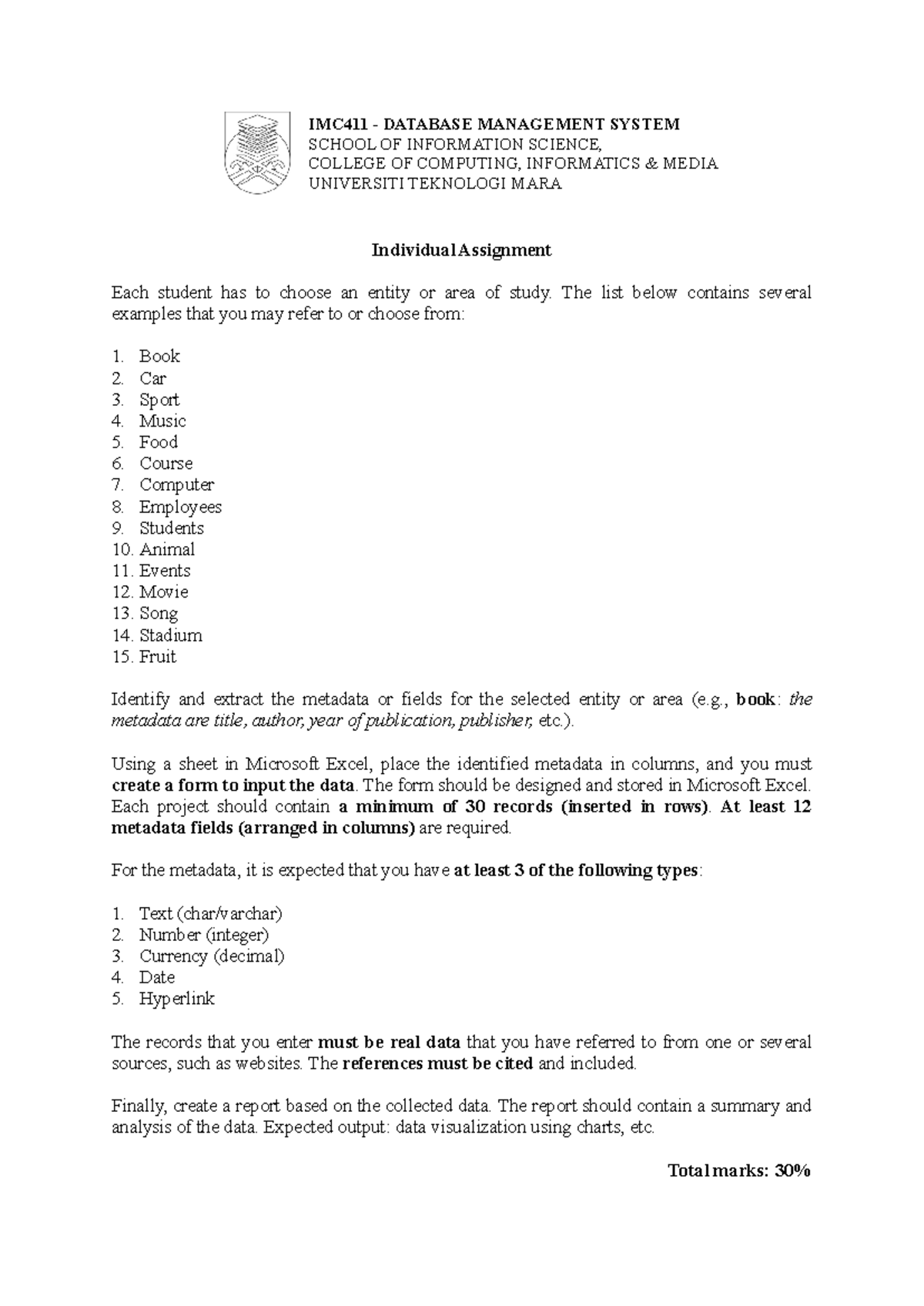 Individual assignment - IMC411 - DATABASE MANAGEMENT SYSTEM SCHOOL OF ...