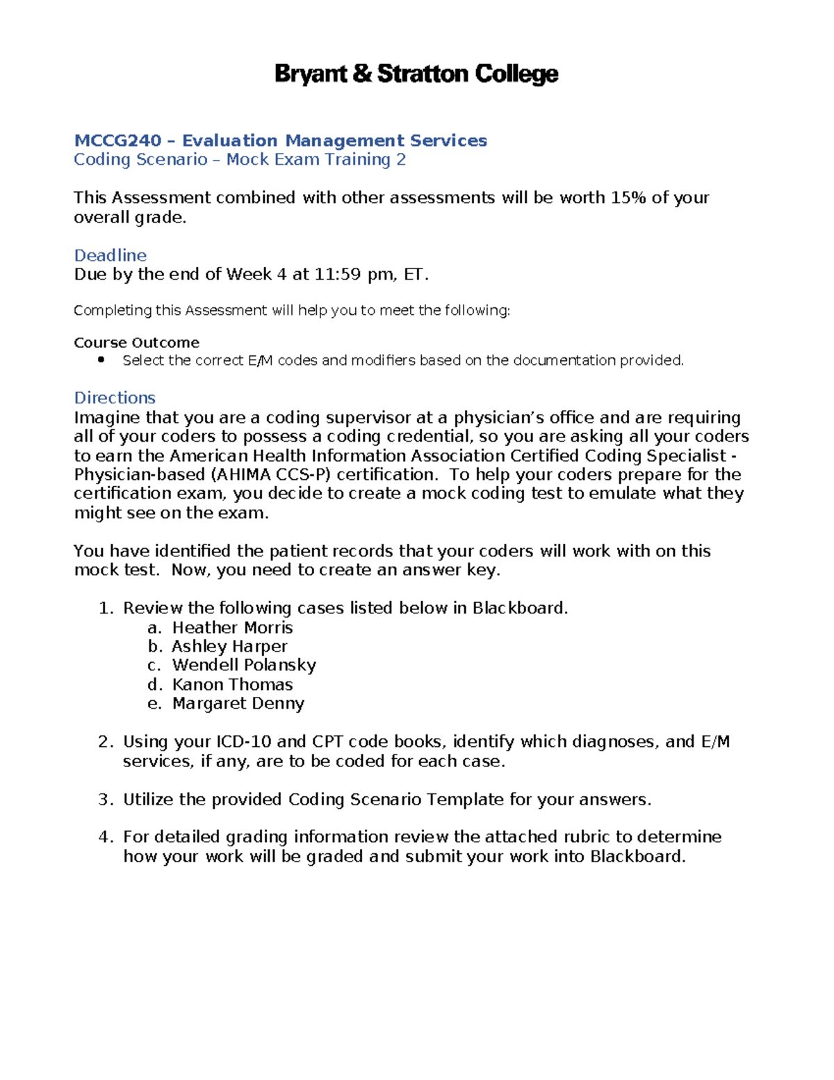 MCCG240 - Coding Scenario Mock Exam Training 2 Overview & Guidelines ...