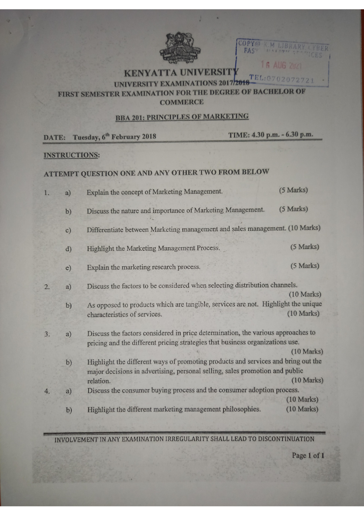 BBA 201 Principles of Marketing Past Exam Papers Collection - Studocu