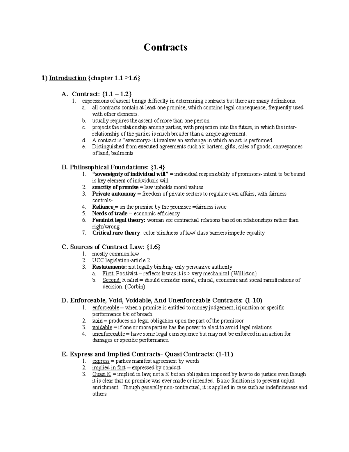 Contracts Law Outline 2 - Contracts 1 ) Introduction {chapter 1 >1} A ...