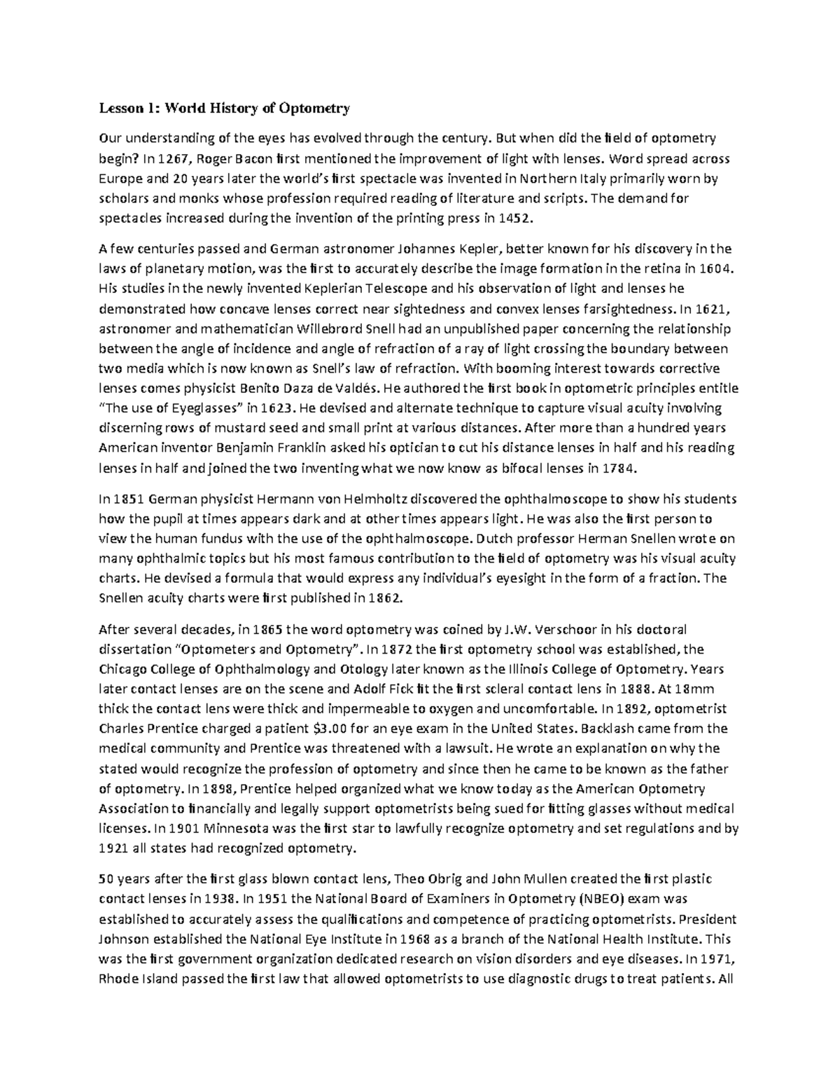 Lesson 1: The Evolution of Optometry Through History - Studocu