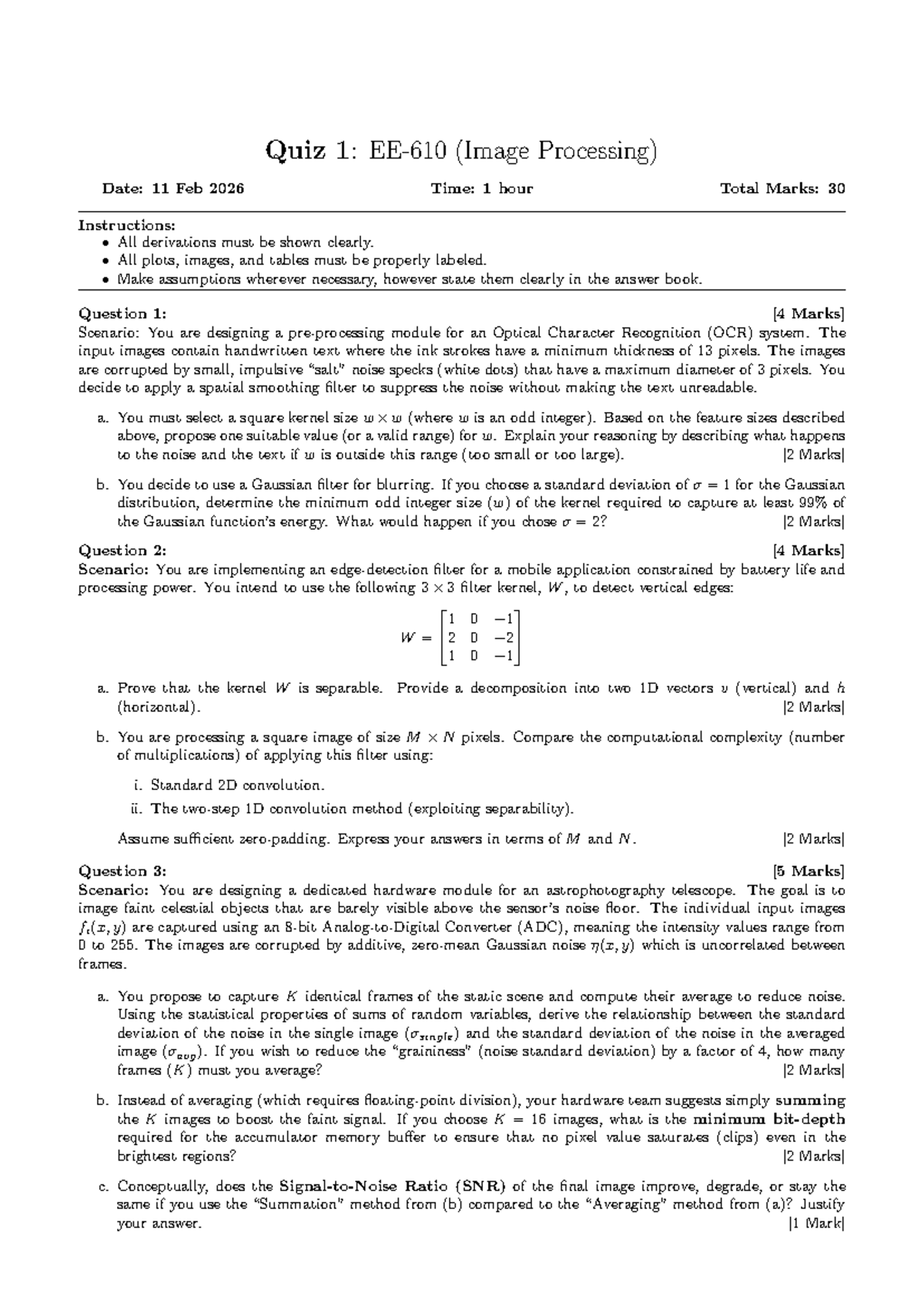 EE 610 Image Processing Quiz 1: Key Concepts and Problem Scenarios ...