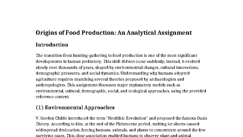 Origins of Food Production: An Analytical Assignment (Course Code ...