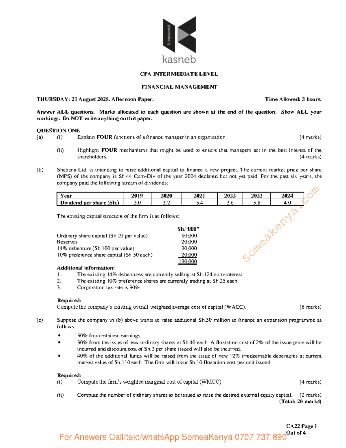 CPA INTERMEDIATE LEVEL FINANCIAL MANAGEMENT PAST PAPER - AUGUST 2025 ...