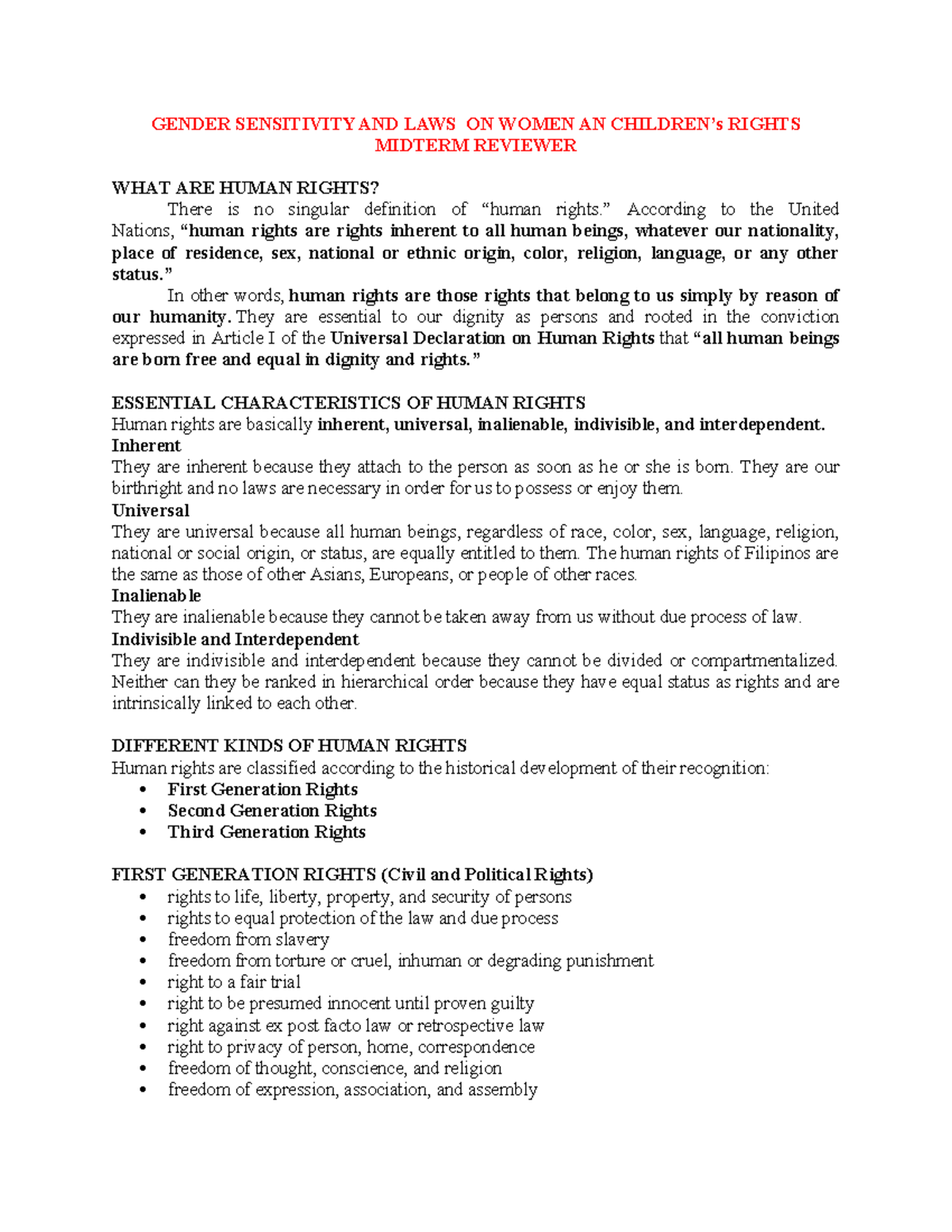 GENDER SENSITIVITY AND WOMEN'S RIGHTS MIDTERM REVIEWER - Studocu