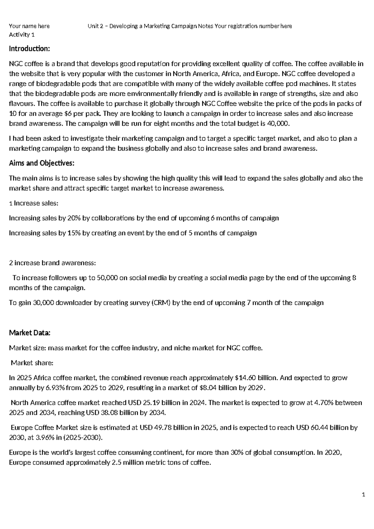 Unit 2: Developing a Marketing Campaign for NGC Coffee - Notes - Studocu