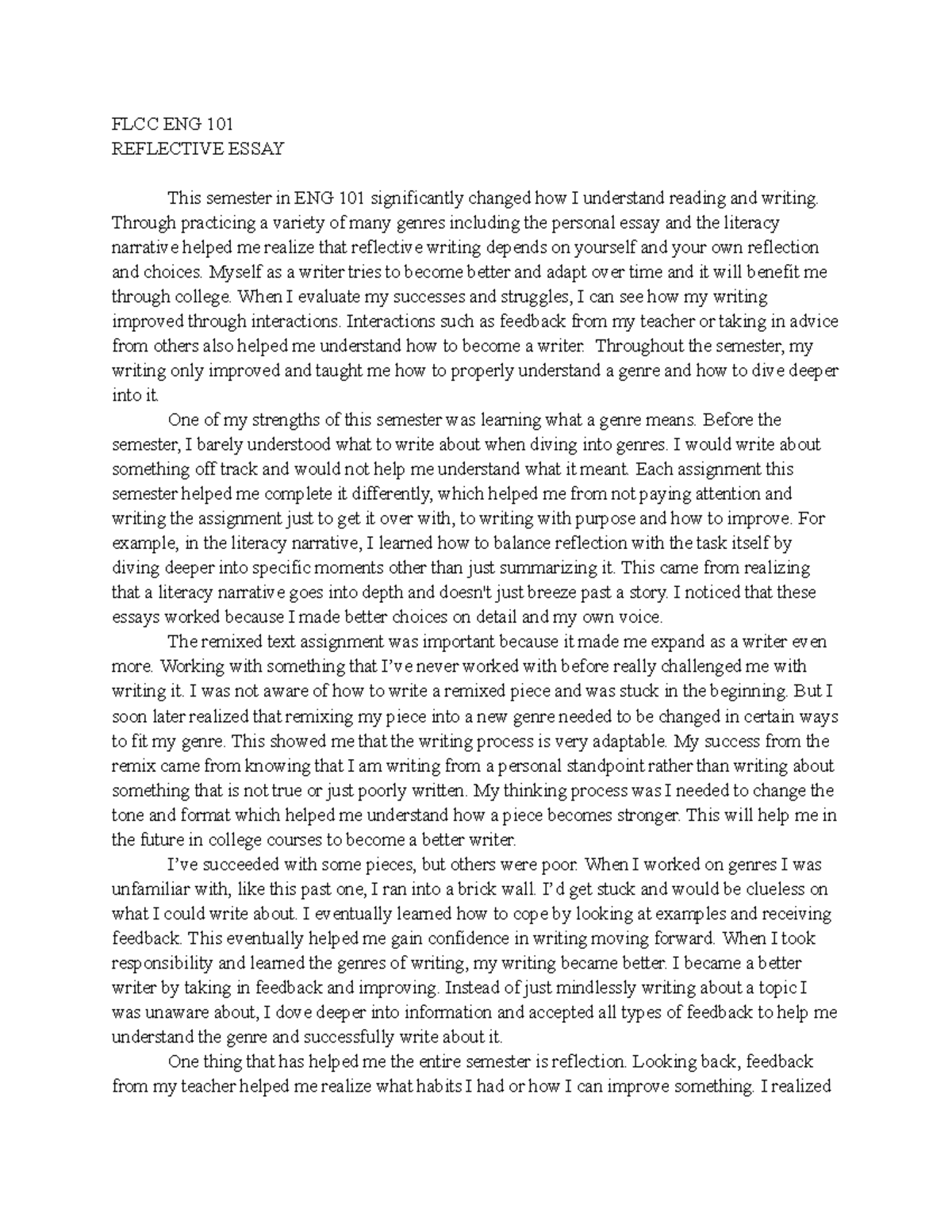 FLCC ENG 101 Reflective Essay: My Growth as a Writer - Studocu