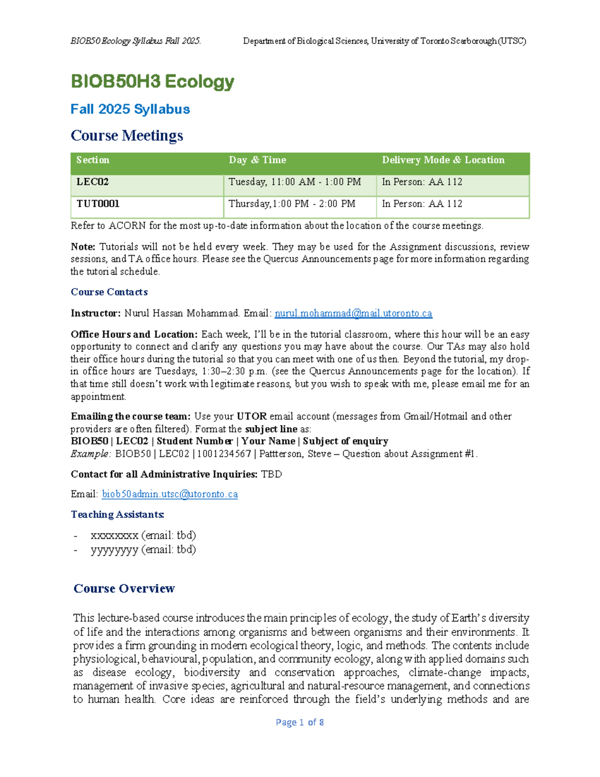 BIOB50H3 Ecology Fall 2025 Syllabus - UTSC - Studocu