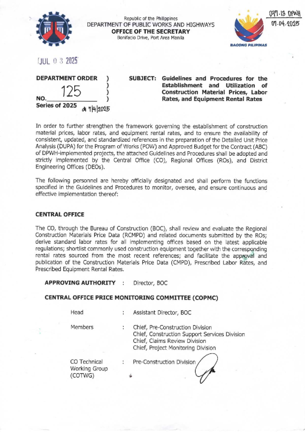 D.O. 125 s. 2025 - Guidelines for Construction Material Prices & Labor ...