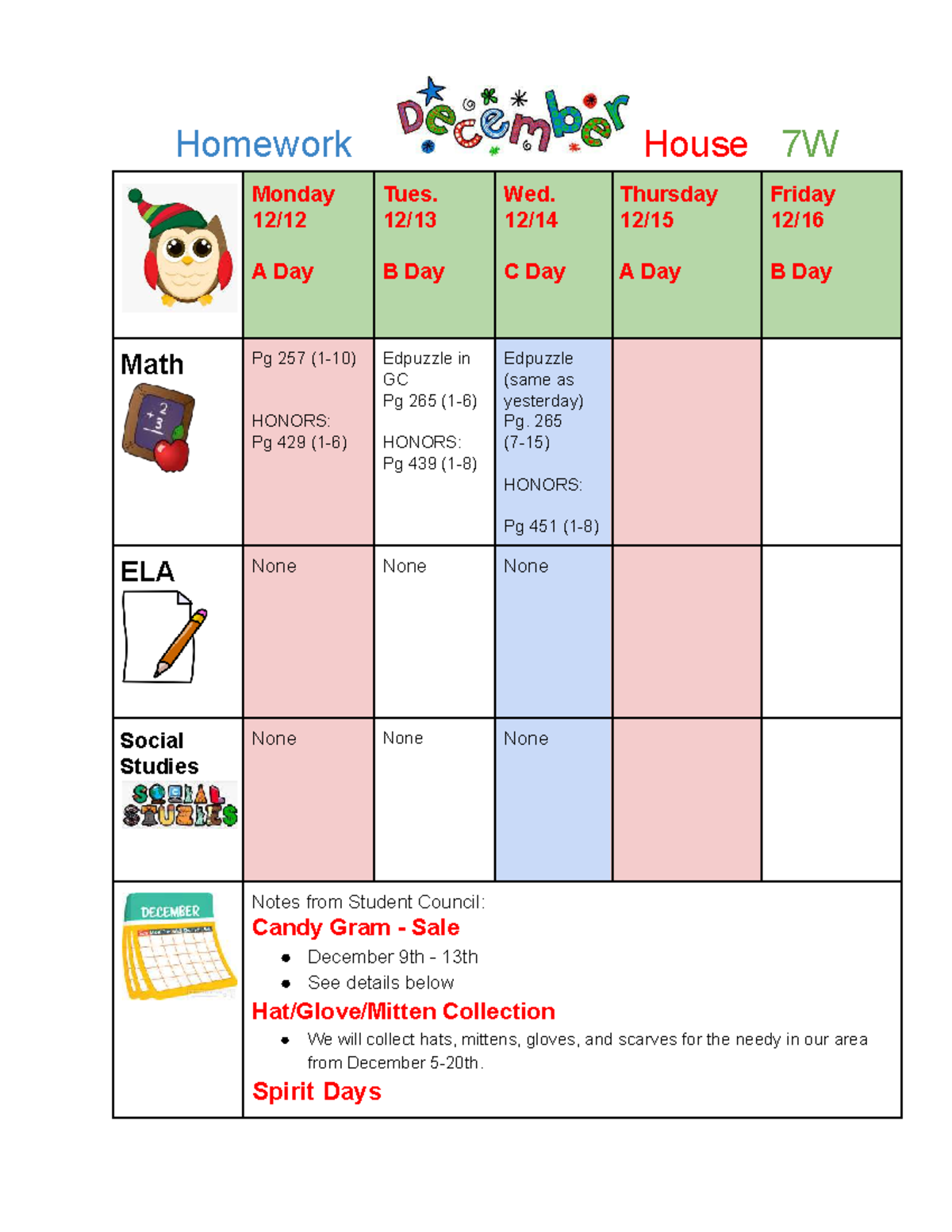 December Homework Schedule - Math & ELA 7W (A/B Days) - Studocu