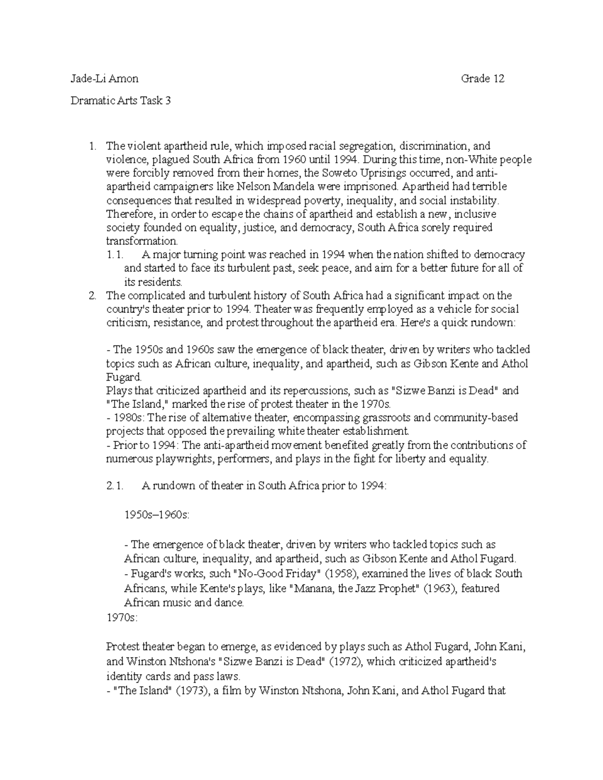 Drama Research: The Impact of Apartheid on South African Theater - Studocu