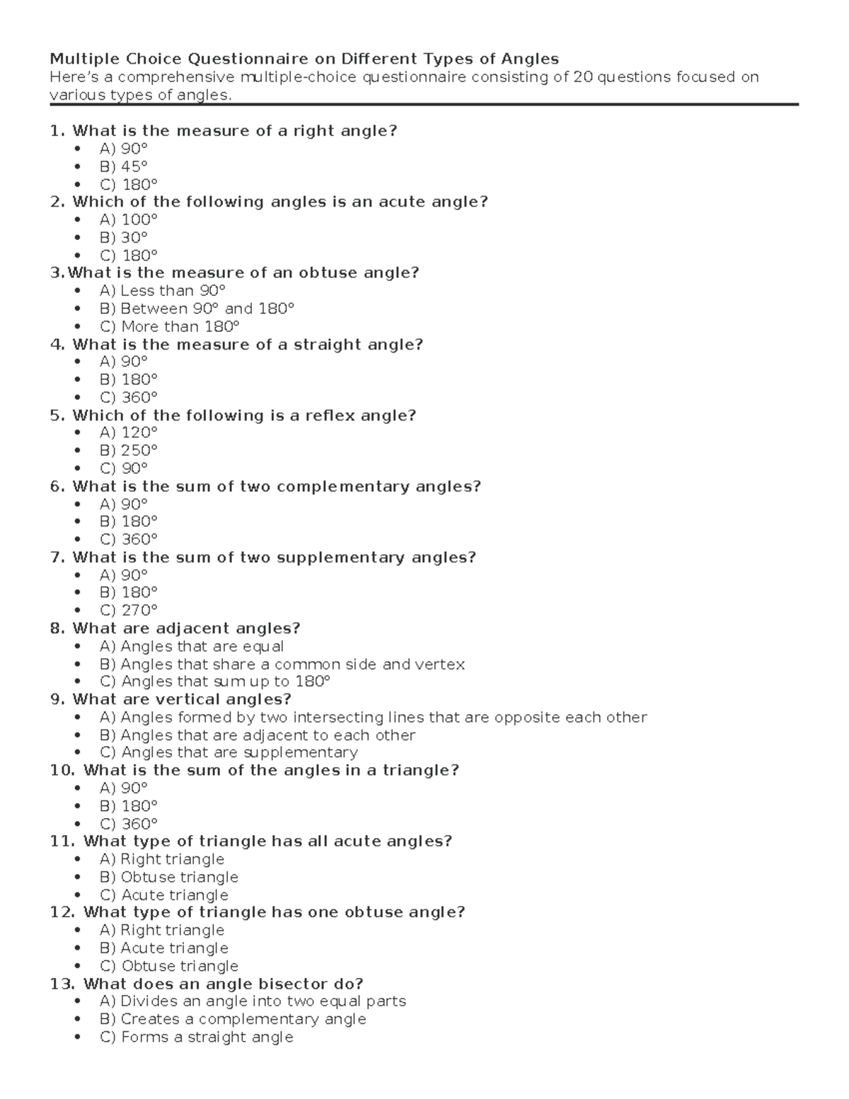 Different types of angles and triangle - Multiple Choice Questionnaire ...