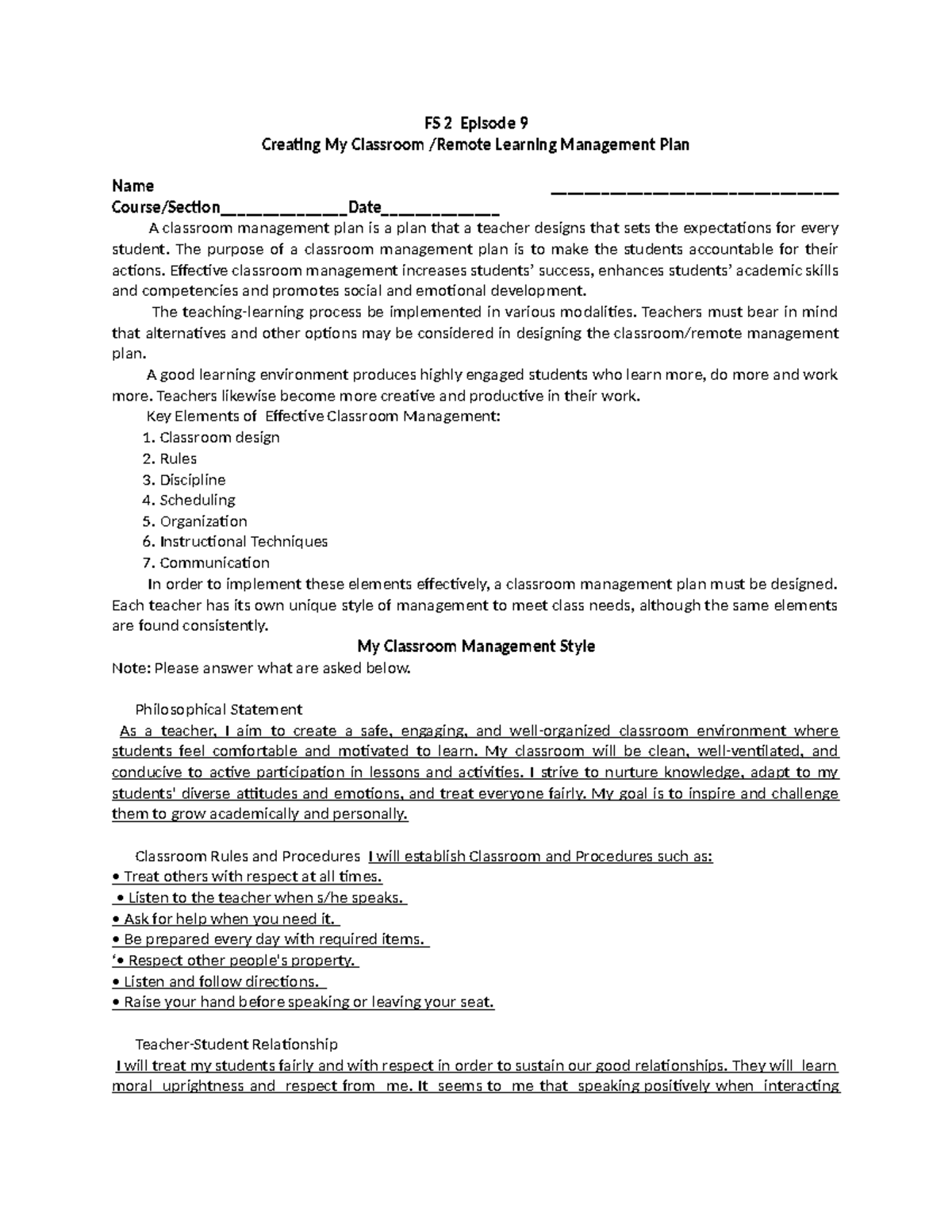 FS-2-Episode-9 answer - FS 2 Episode 9 Creating My Classroom /Remote ...