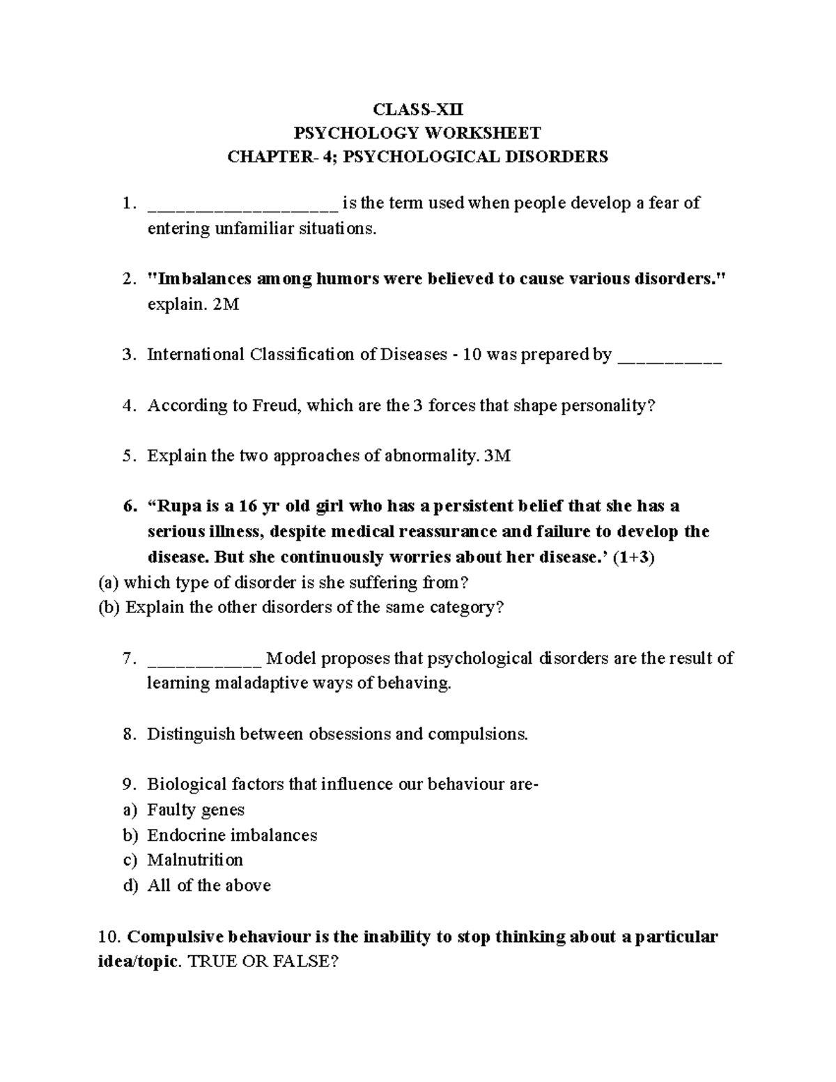PSY 101 - Unit 4 Worksheet: Psychological Disorders Overview - Studocu