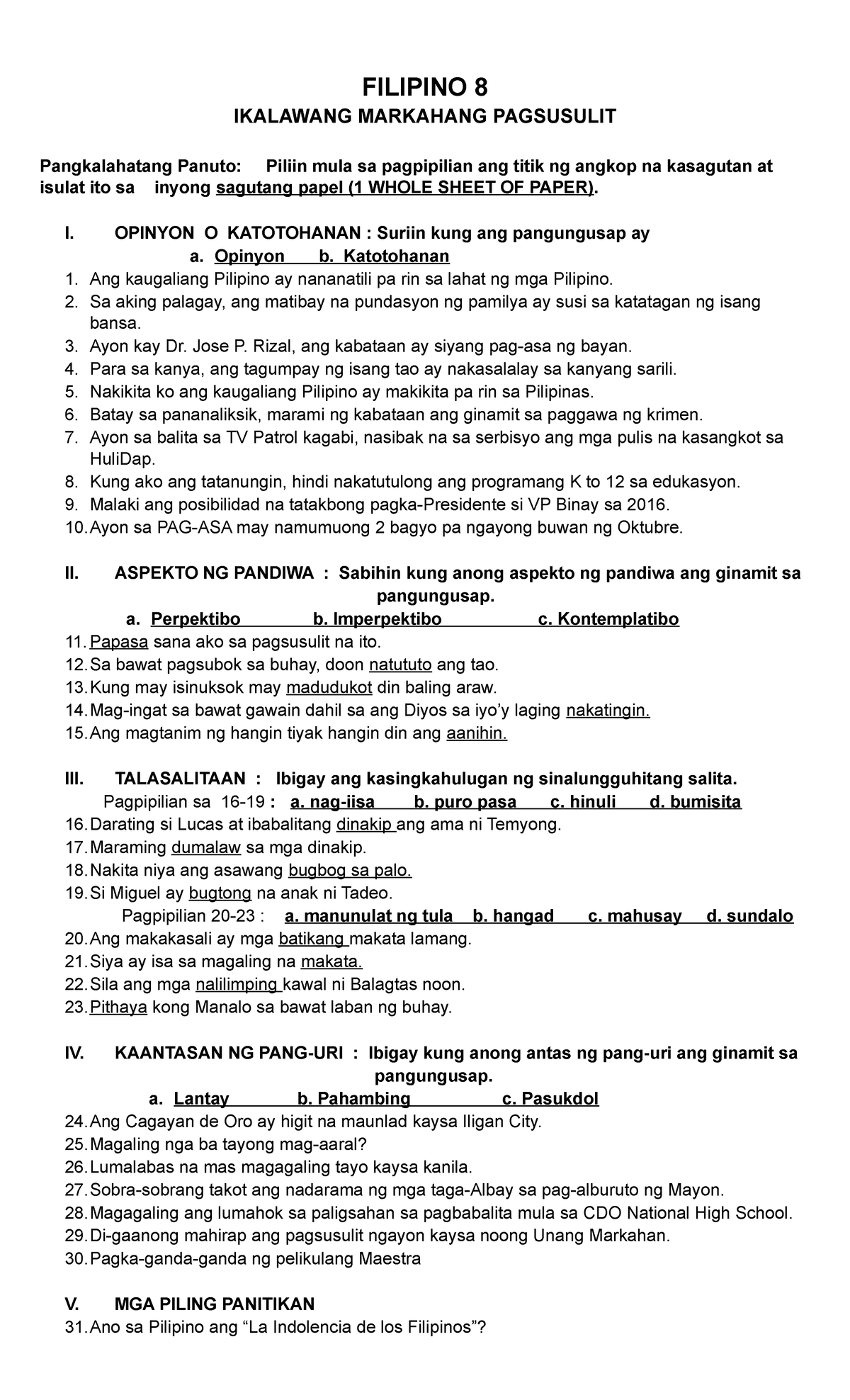 Filipino 8 Ikalawang Markahang Pagsusulit: 2nd Quarter Exam - Studocu