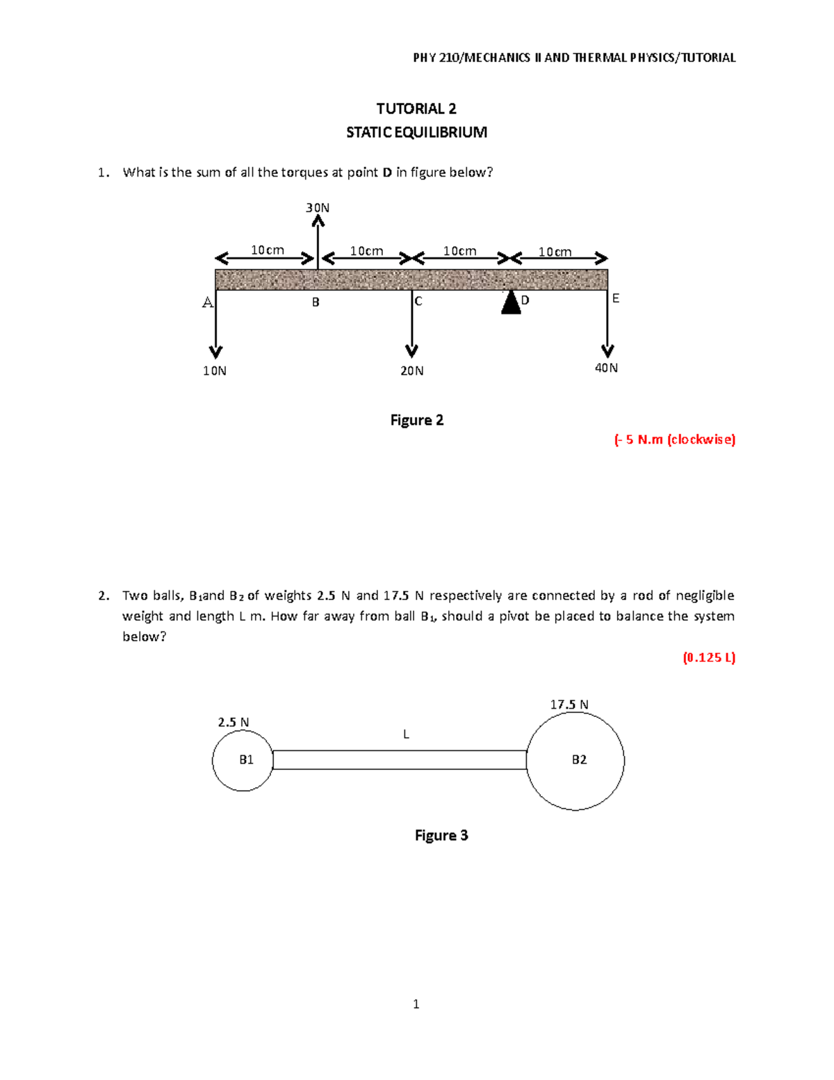 PHY210 Tutorial 2: Static Equilibrium Concepts and Problems - Studocu