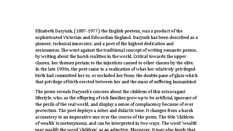 407783591 Essay Notes on Elizabeth Daryush's "Children of Wealth" - Studocu