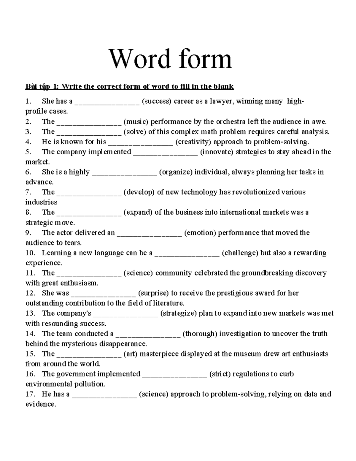Word Form Exercises - Course Code: ENG101 - Studocu