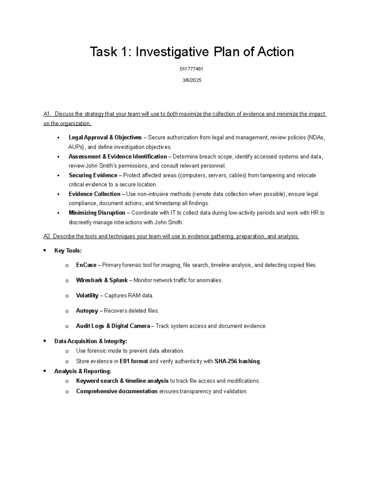 Investigative Plan of Action for Task 1 (011777461) - Studocu