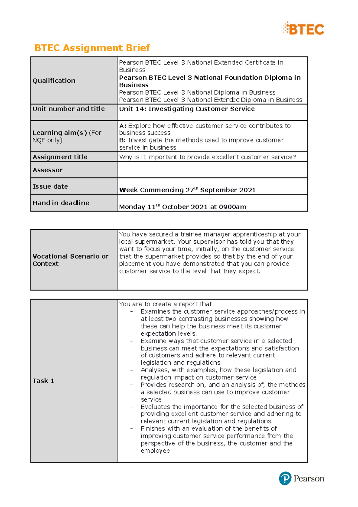 BTEC Business Unit 14 Assignment 1: Importance of Customer Service - Studocu