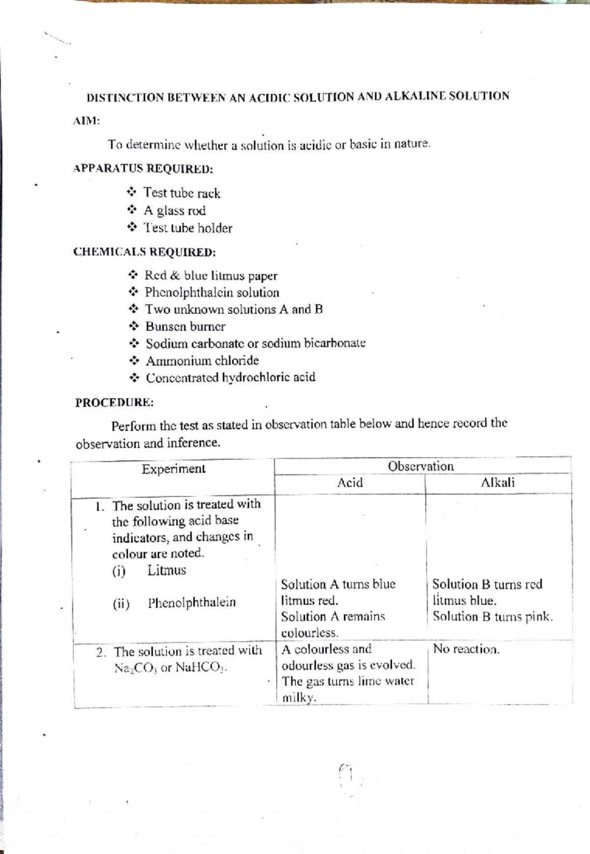 Chemistry Record Note: Distinction of Acidic and Alkaline Solutions ...