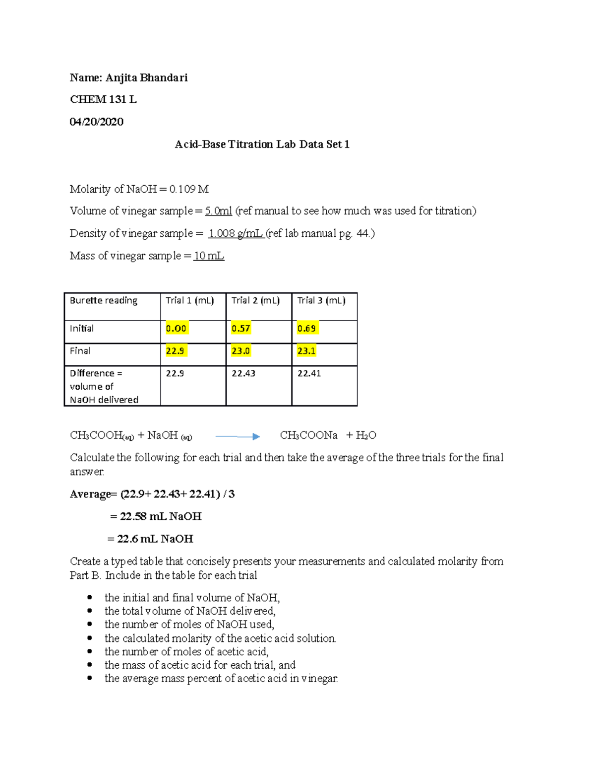 Acid Base Titration Monday Labs - Name: Anjita Bhandari CHEM 131 L 04 ...