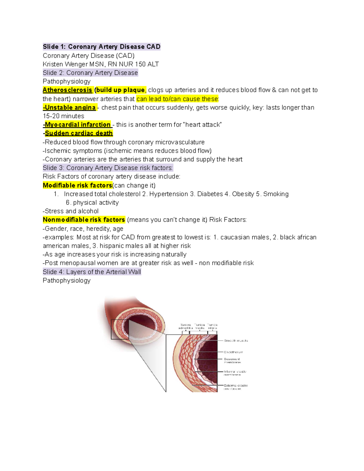NUR 150 CAD Pathophysiology and Treatment Notes for Clinical Study ...