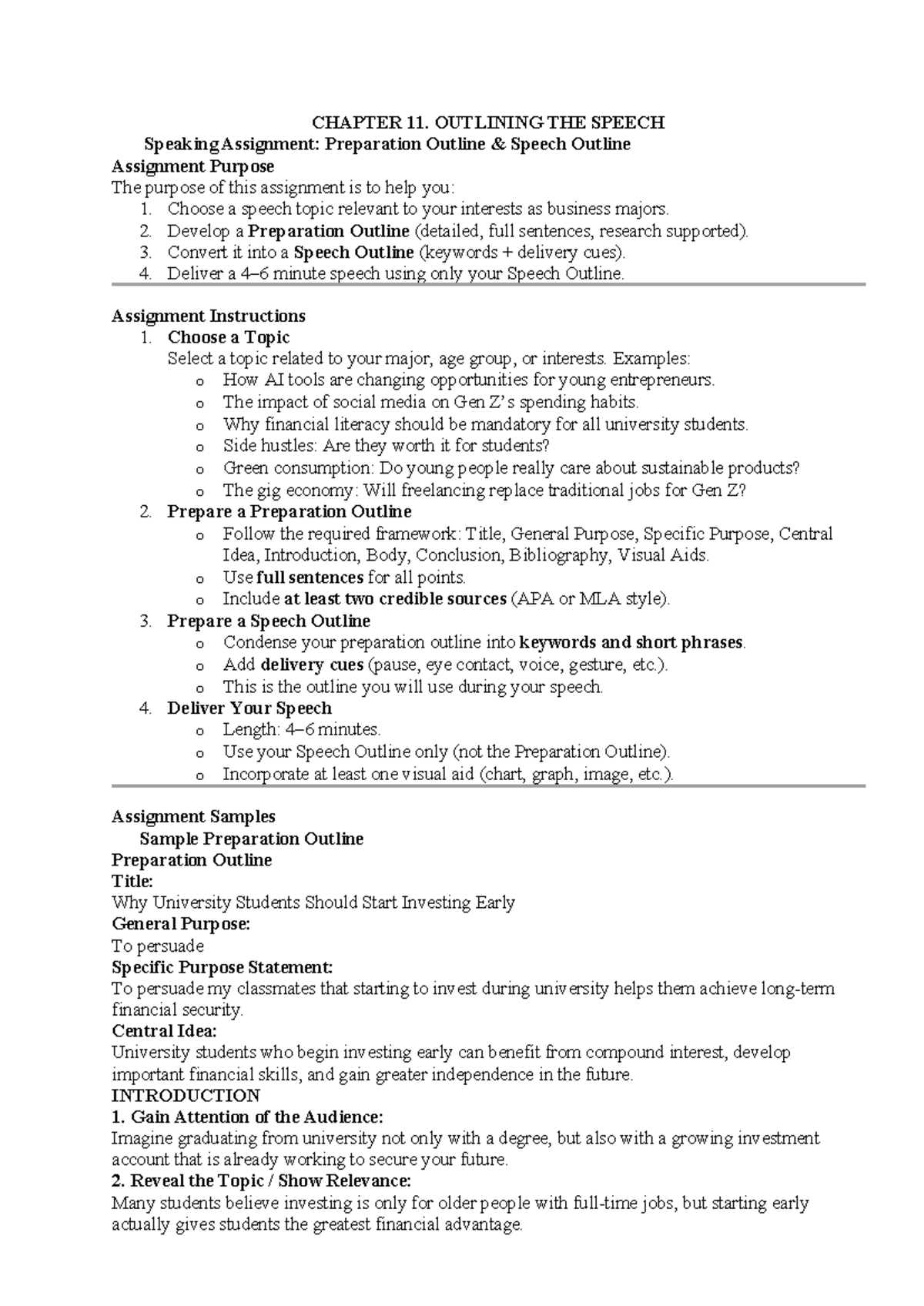 Chapter 11: Speech Outline Assignment for Business Majors - Studocu