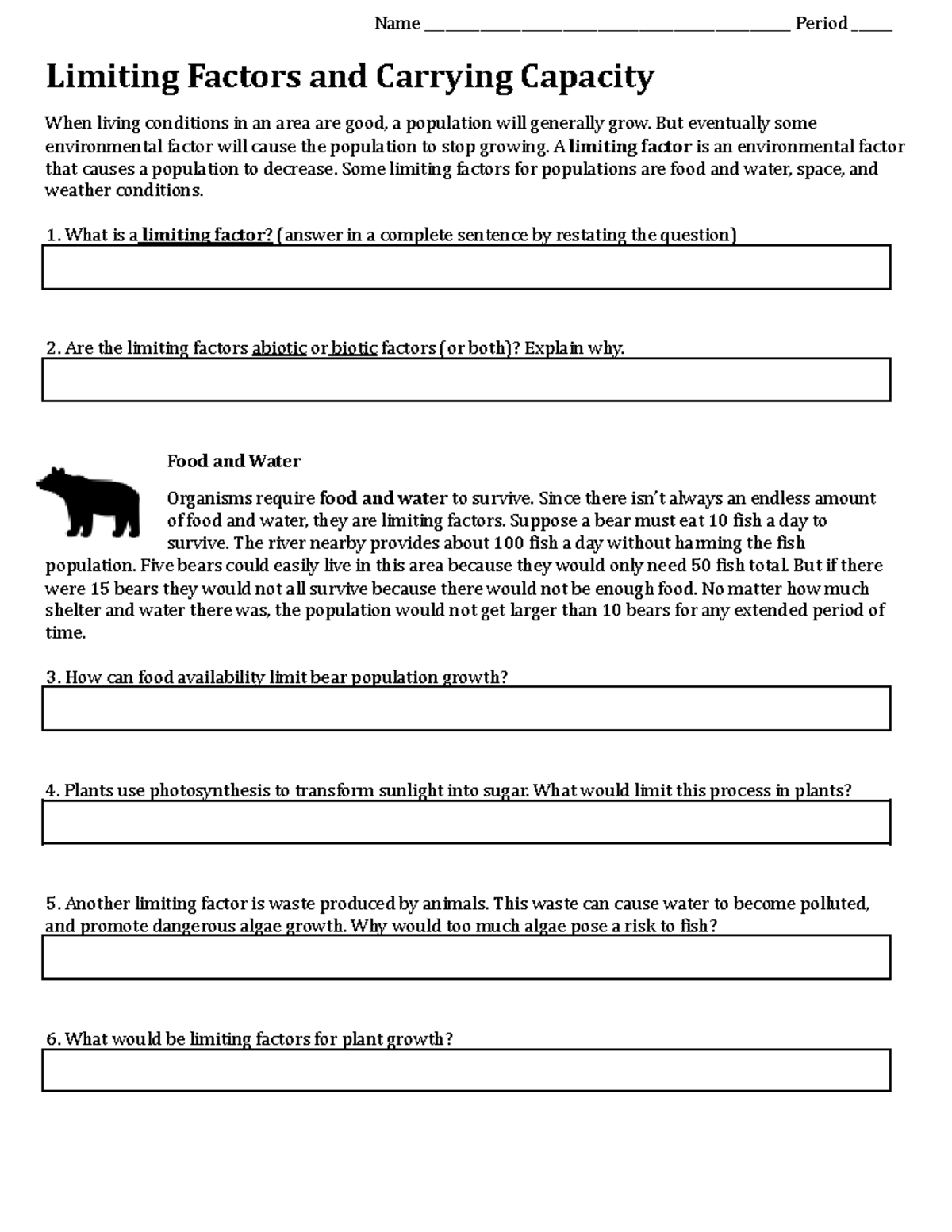 Limiting Factors, Carrying Capacity & Age Pyramid Activity (A.P.E.S ...