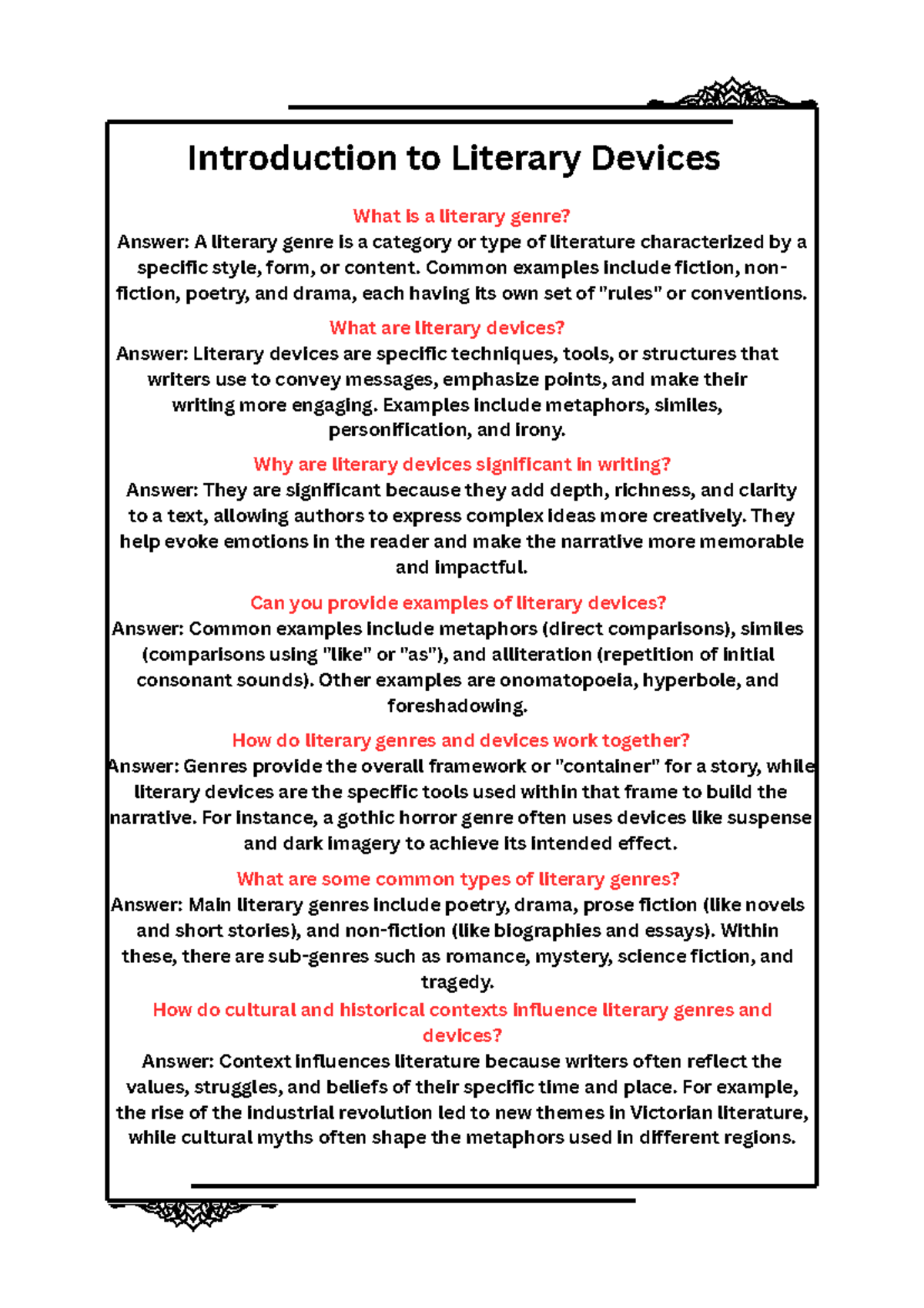 ENG 101: Intro to Literary Devices and Genres Overview - Studocu