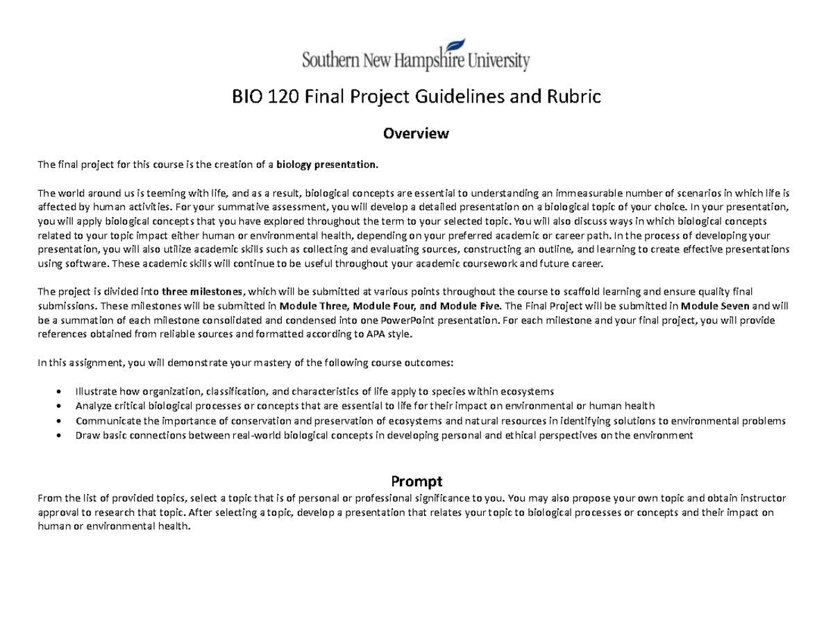 BIO 120 Final Project Presentation Guidelines and Evaluation Rubric ...