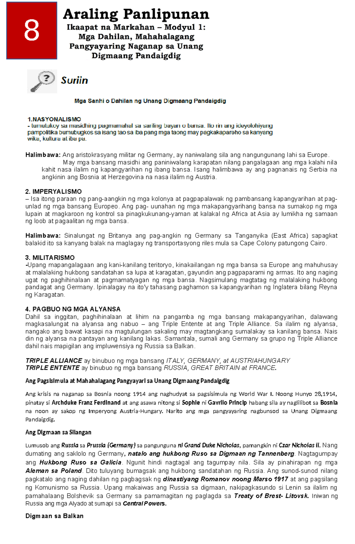 Araling Panlipunan 8: Q4 Module 1 - Unang Digmaang Pandaigdig - Studocu