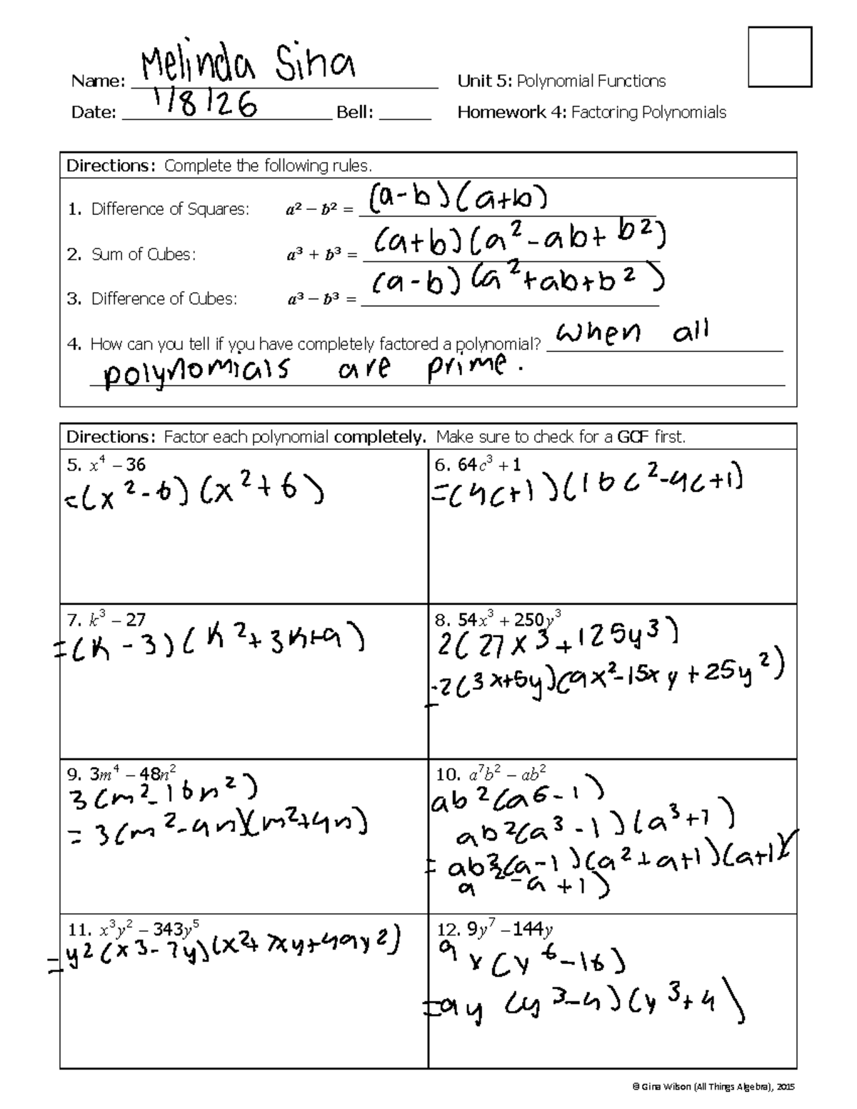 Algebra 2: Unit 5 Homework 4 - Factoring Polynomials Guide - Studocu