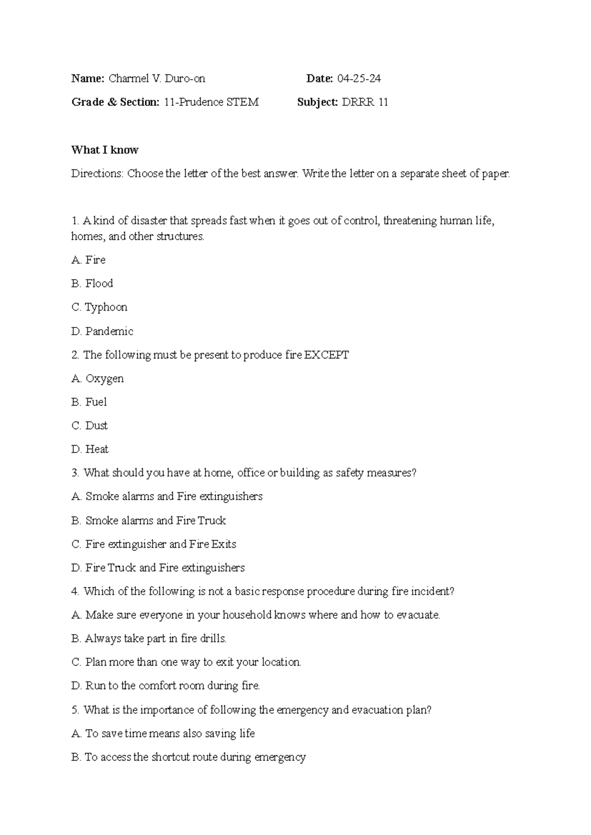 DRRR 11 - Fire Safety and Evacuation Procedures Guide - Studocu