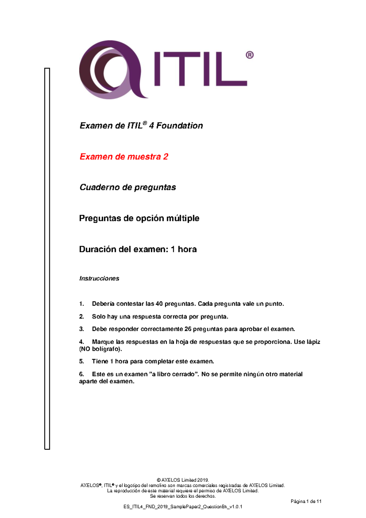 Examen de 4 Foundation ES_ITIL4_FND_2019 Muestra de Preguntas - Studocu