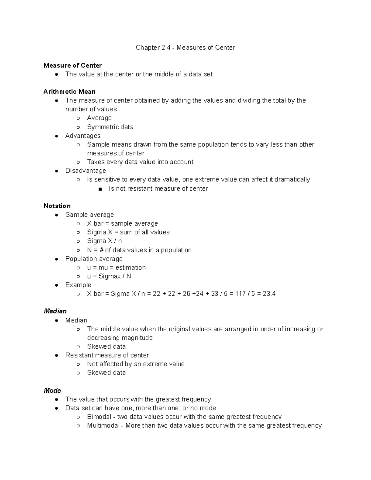 Chapter 2.4 - Measures of Center: Mean, Median, Mode, and More - Studocu