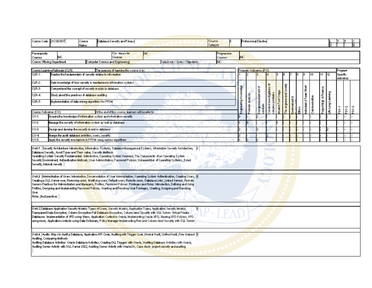 21CSE361T Database Security and Privacy Course Syllabus Overview - Studocu