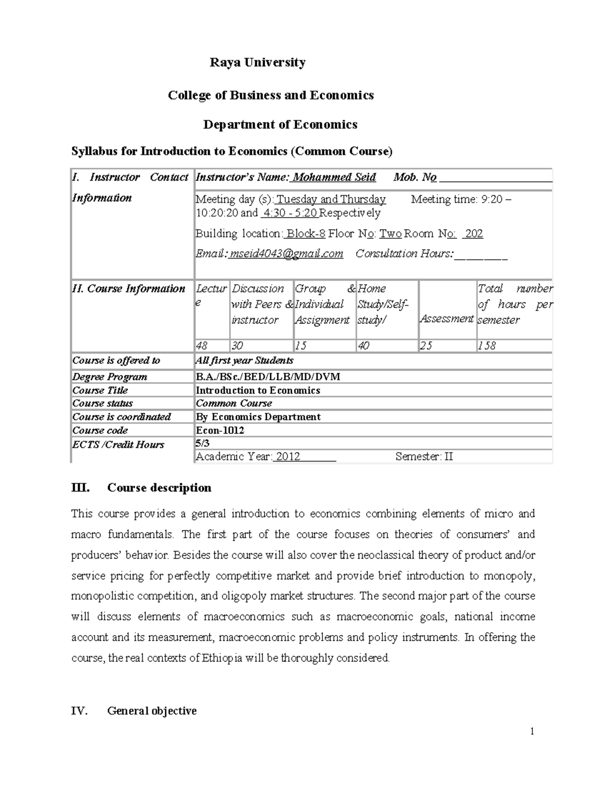 Introduction to Economics (ECO101) - Course Outline and Syllabus - Studocu