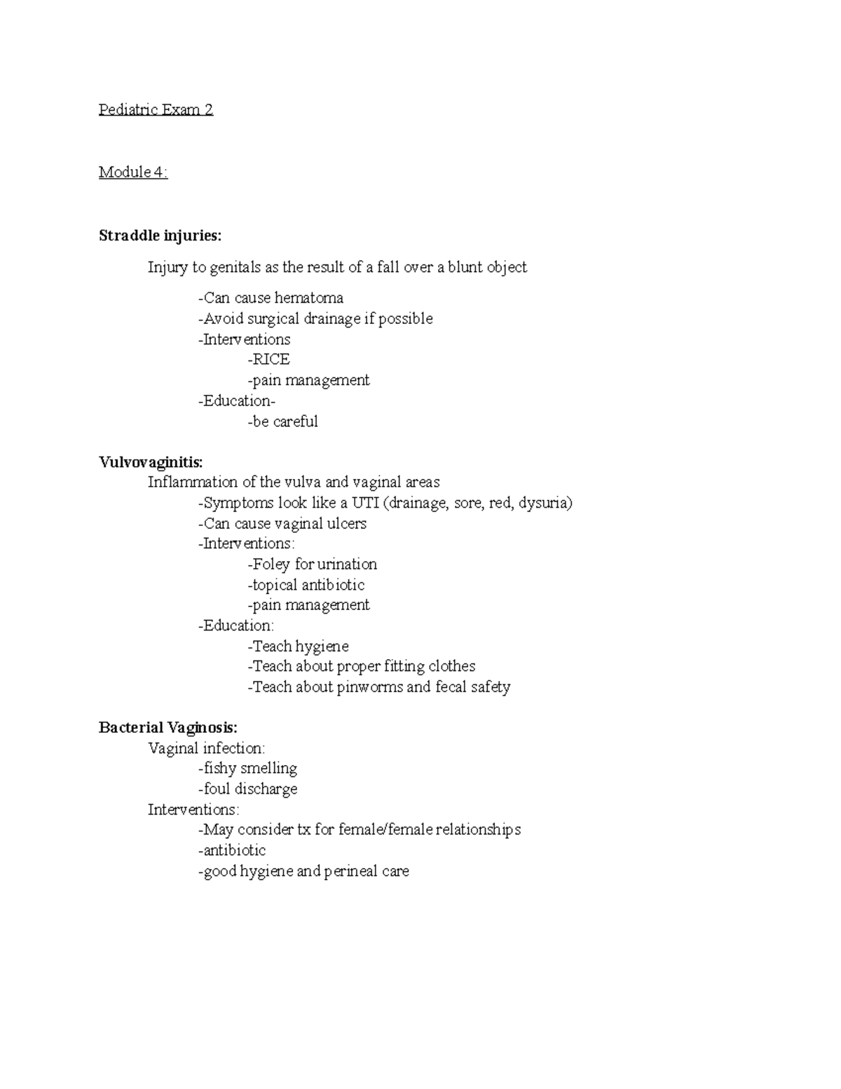 Peds Study Guide 2 - Pediatric Exam 2 Module 4: Straddle injuries ...
