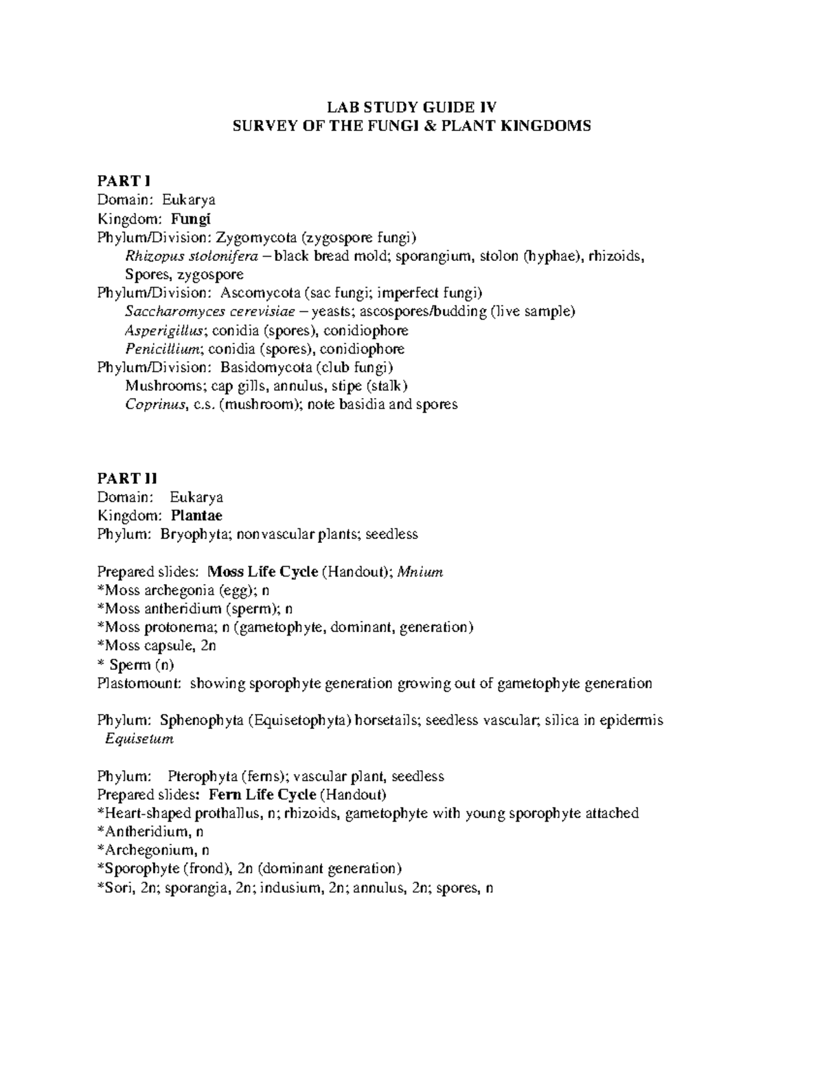 LAB Study Guide IV Plants & Fungi - LAB STUDY GUIDE IV SURVEY OF THE ...