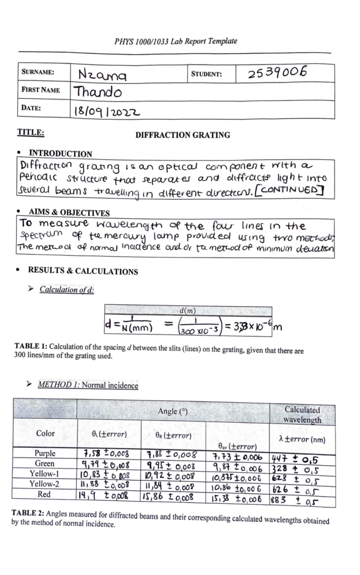 Experiment 6- Diffraction Grating - PHYS 1000/1033 Lab Report Template ...
