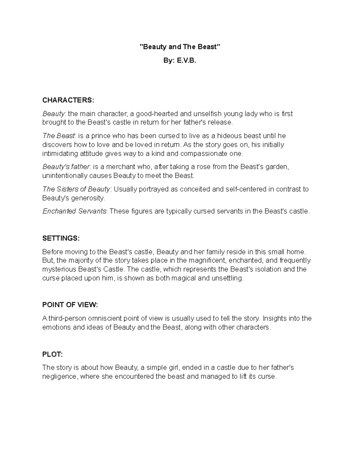 Beauty and The Beast: Character and Setting Analysis Notes - Studocu