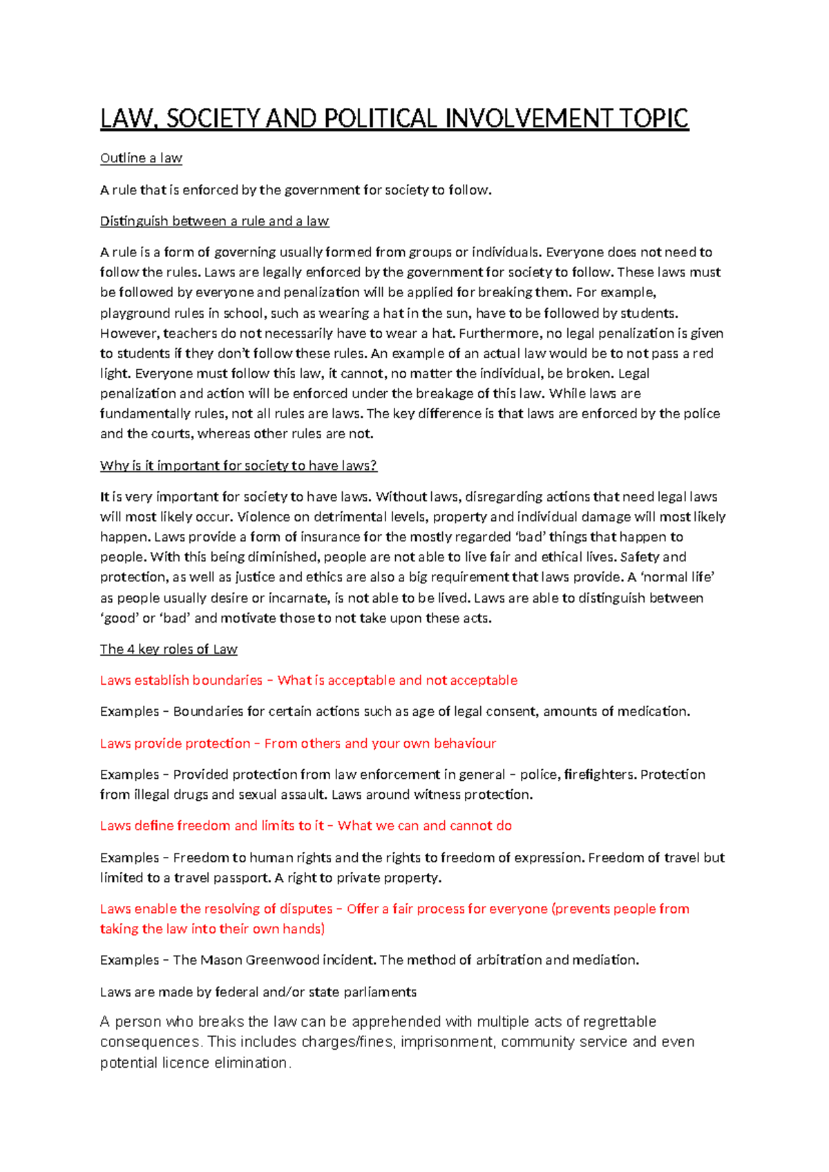 NSW Year 10 Commerce: Law, Society & Political Involvement Notes - Studocu