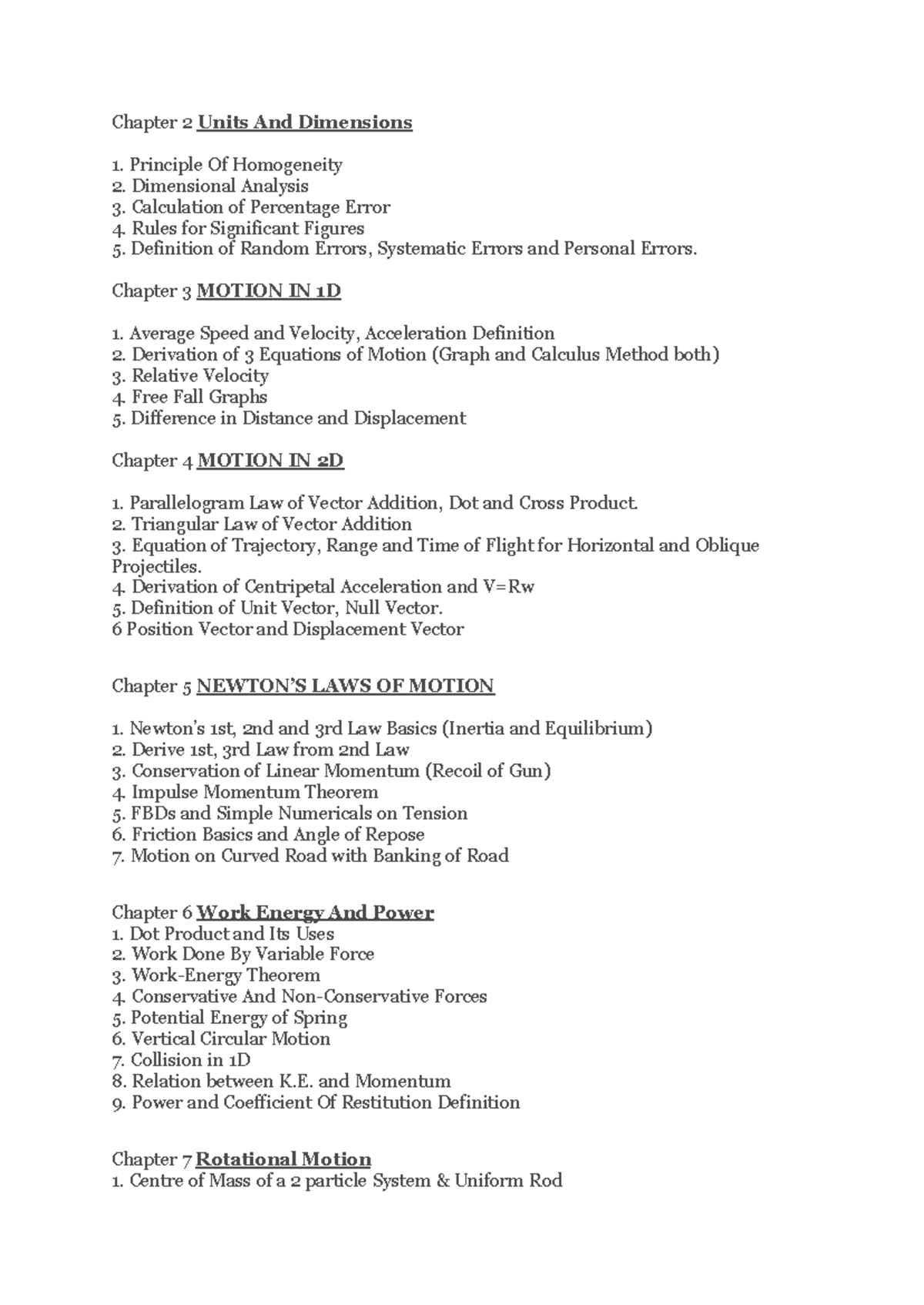 NCERT Important Topics List XI: Physics Chapters 2-12 Overview - Studocu